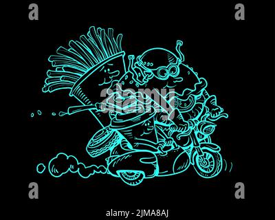 Fast food products characters bikers ride a motorcycle. Road restaurant ...