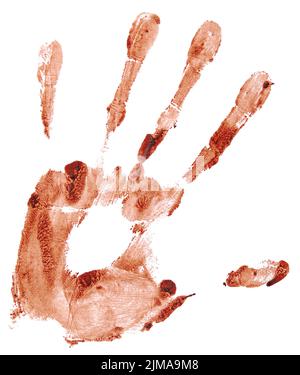 Handprint with white paint, background brown brick, lightly worked ...