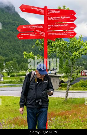 Skjolden Norway, red tourist information and direction signs Stock ...