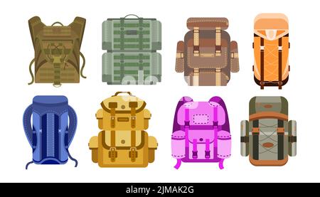 Various camping and hiking backpacks cartoon illustration set Stock ...