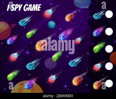 Asteroids, comets and meteors math game worksheet. Vector numeracy ...