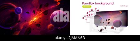 Parallax background planets in outer space with satellites, exploding ...