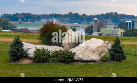 Amish Farm Landscape with a Rock Garden in the Foreground Stock Photo ...
