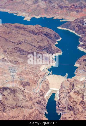 Aerial view of the concrete arch hydro-electric Boundary Dam spilling ...