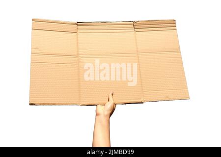 A cardboard Signs empty held by a hand on a white background ready for ...