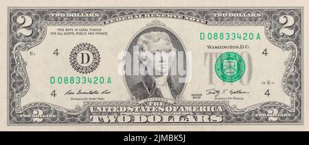 2 dollars banknote, Thomas Jefferson, Declaration of Independence, USA ...