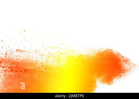 Yellow orange color powder splatter on white background. Color ...