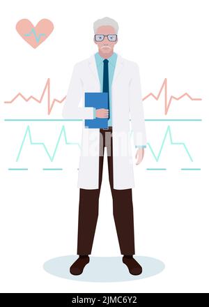 male doctor cardiologist in uniform presenting flip chart with human ...