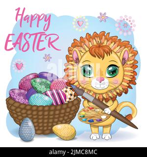 Cartoon lion with Easter egg. Character with beautiful eyes, childish ...