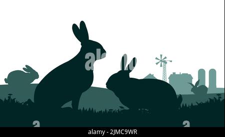 Rabbits are grazing. Picture silhouette. Rural landscape with farmers ...