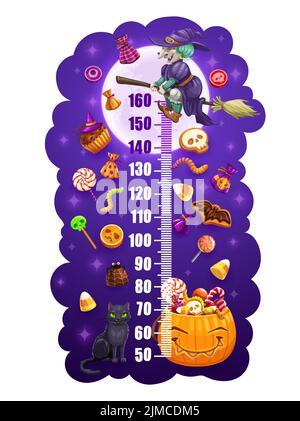 Kids height chart. Cartoon Halloween candy characters on cemetery ...