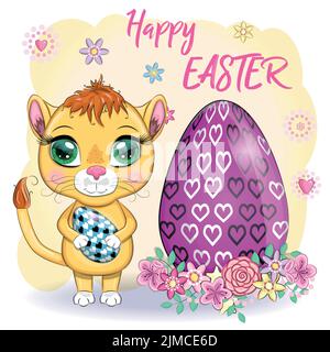 Cartoon lion with Easter egg. Character with beautiful eyes, childish ...