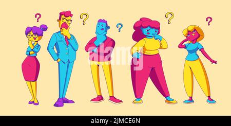 Persons think, doubtful people with questions, solve task, searching ...