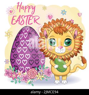 Cartoon lion with Easter egg. Character with beautiful eyes, childish ...