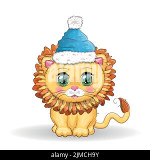 Wonderful cute cartoon lion cub with a gift, candy cane. Isolated ...