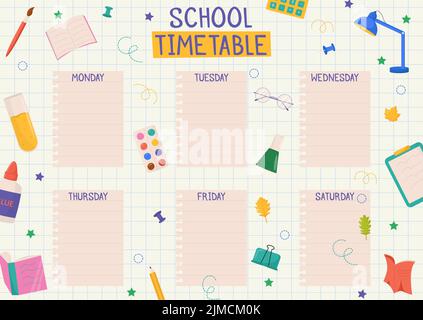School timetable, weekly classes schedule in cartoon style. Vector ...