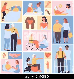 Cartoon young nurses hug senior patients, support and assistance for ...