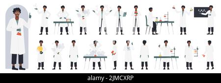 African american black scientist poses vector illustration set. Cartoon ...