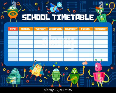 Education timetable schedule cartoon robots and droids vector template ...