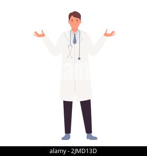 Confused scientist man. Thinking science researcher with hands up ...