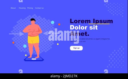 Fat man measuring waist. Obese man with measure tape, chubby boy vector ...