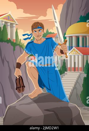 The ancient Greek hero Theseus with a sword and shield in his hands ...
