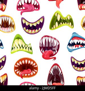 Halloween monster mouths, teeth and tongues cartoon vector set. Scary ...