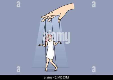 Control manipulation and marionette concept. Young tired woman standing ...