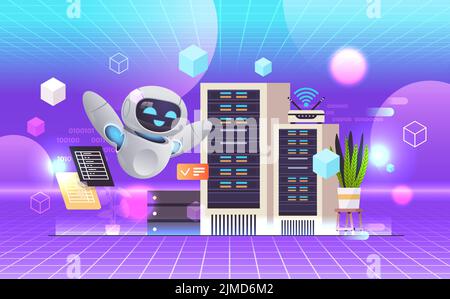 robot working in data center room hosting server computer monitoring information database ...