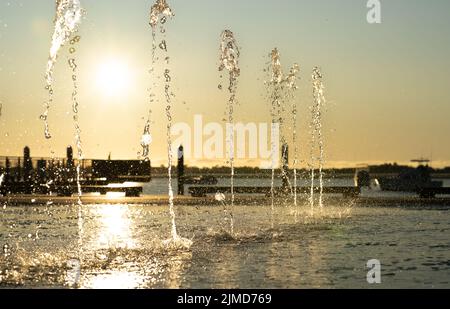 Water feature spraying waters in morning light on Tauranga Strand ...