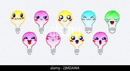 Set of Various Cartoon Bulbs with Emoticons. Doodle lightbulb, ideas ...