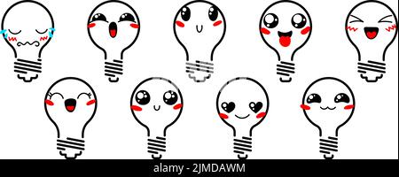 Set of Various Cartoon Bulbs with Emoticons. Doodle lightbulb, ideas ...