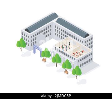 A digital pixelated illustration of a university campus with trees near ...