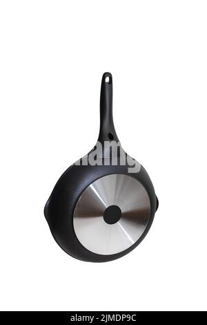 Empty round frying pan, side view, close-up shot, isolated on white ...