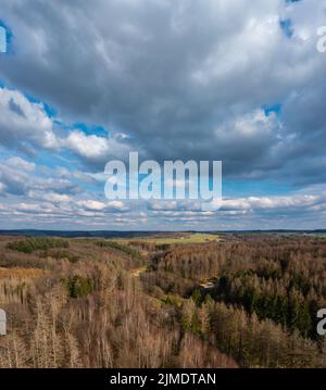 Aerial view over forests and meadows of Westerwald, Altenkirchen ...