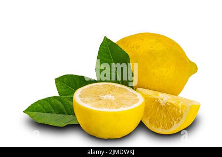 Freshly harvested lemon whole half and section with leaves isolated on ...