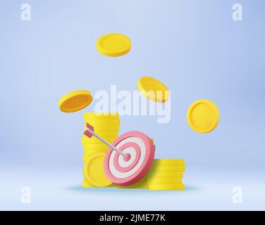 3D Stacks of Coins and Target with Arrow Isolated. Render Dartboard ...