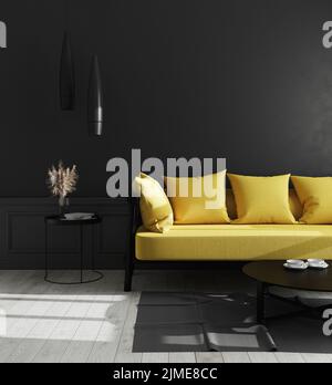 Interior of living room with black sofa and clothes rack Stock Photo ...