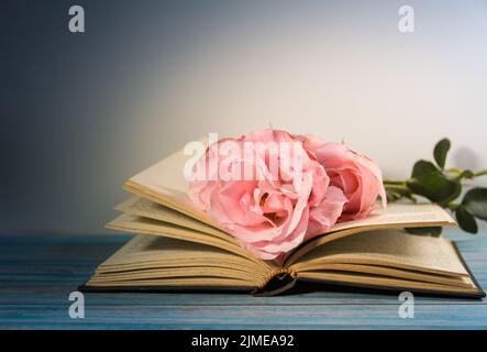 pink roses and books on rustic wood Stock Photo - Alamy