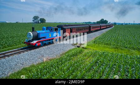 Aerial View of Thomas the Tank Engine Approaching Pulling Passenger ...
