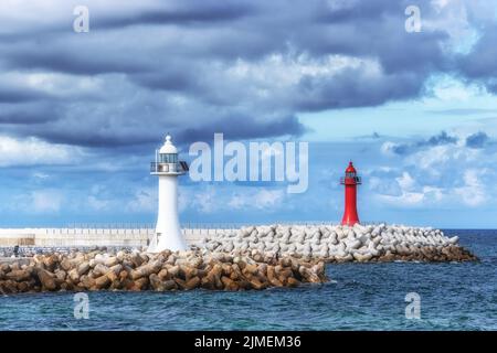 Sacheon beach light houses Stock Photo - Alamy