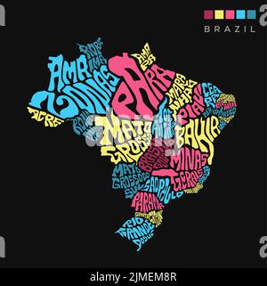 Brazil Map with all states name typography. Brazil lettering map in ...