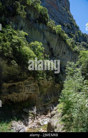 an emerald coloured river winds through a rocky gorge, summer sunshine ...