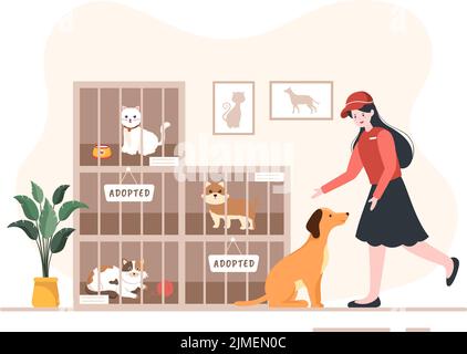 Animal shelter with pets in cages. Man and woman volunteers feeding ...