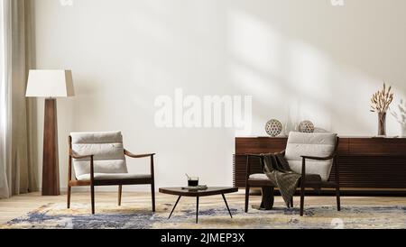 Chest of drawers, floor lamp and table in interior of living room Stock ...