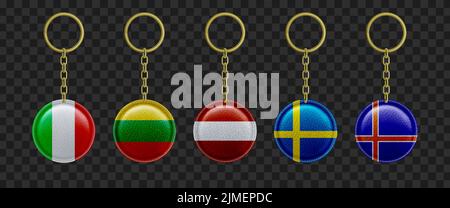 Leather keychain with European countries flags. Vector realistic set of ...