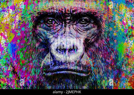 colorful artistic gorillas monkey muzzle with bright paint splatters on ...