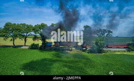 Aerial View of Thomas the Tank Engine Approaching Pulling Passenger ...