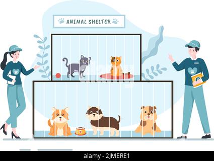 Animal shelter with pets in cages. Man and woman volunteers feeding ...