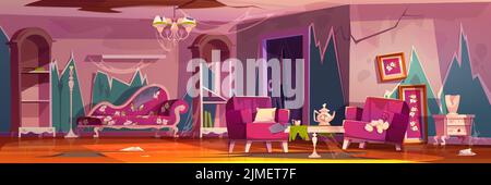 Abandoned room with damaged furniture. Vector cartoon illustration of ...
